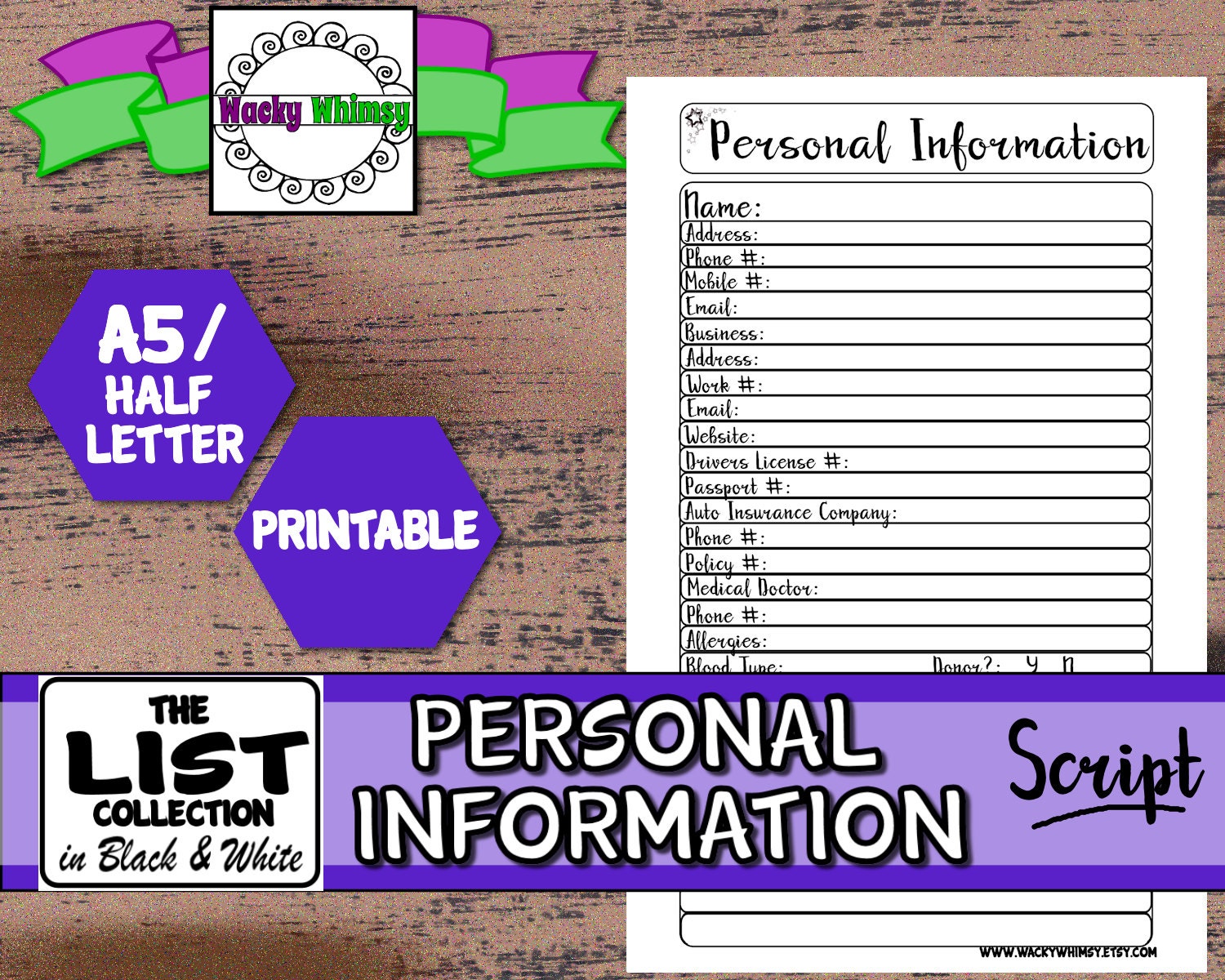 Personal Information List Planner Insert | Black & White Script ...