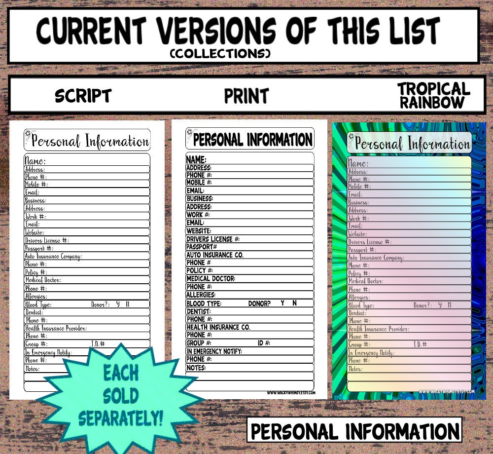 Personal Information List Planner Insert | Black & White Print ...