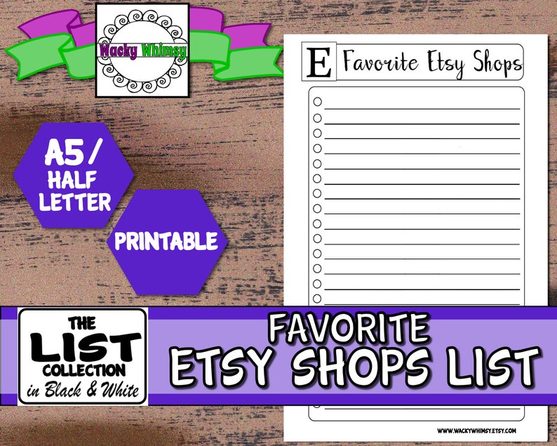 My Favorite Etsy Shops List Planner Insert | Black/white Script ...