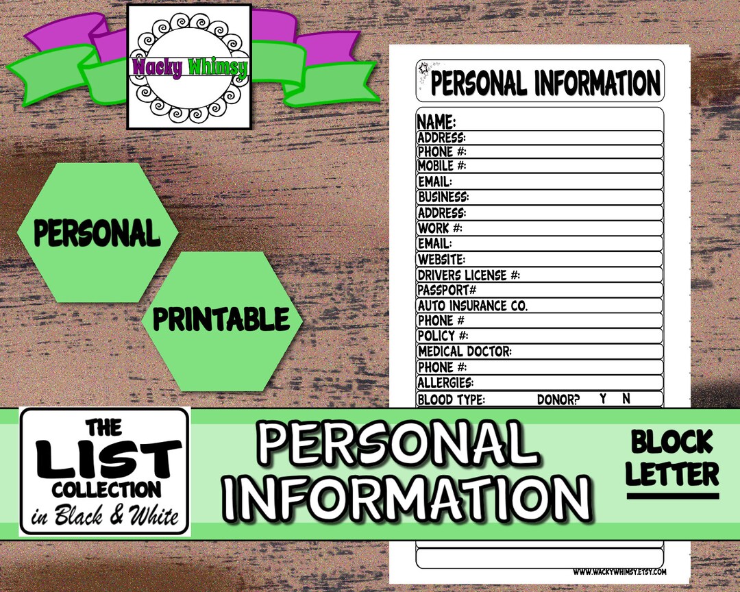 Personal Information List Planner Insert | Black & White Print ...