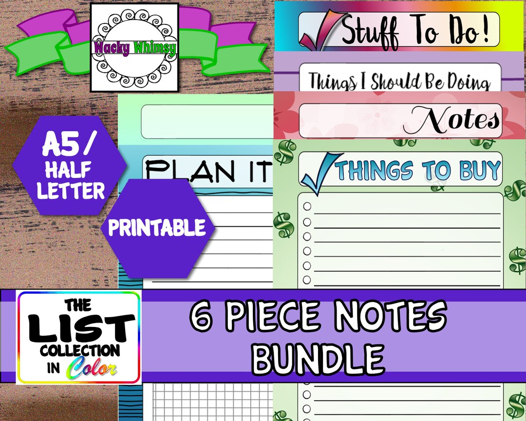 Notes Bundle Planner Inserts Six Pages Color Printable A5/half Letter ...