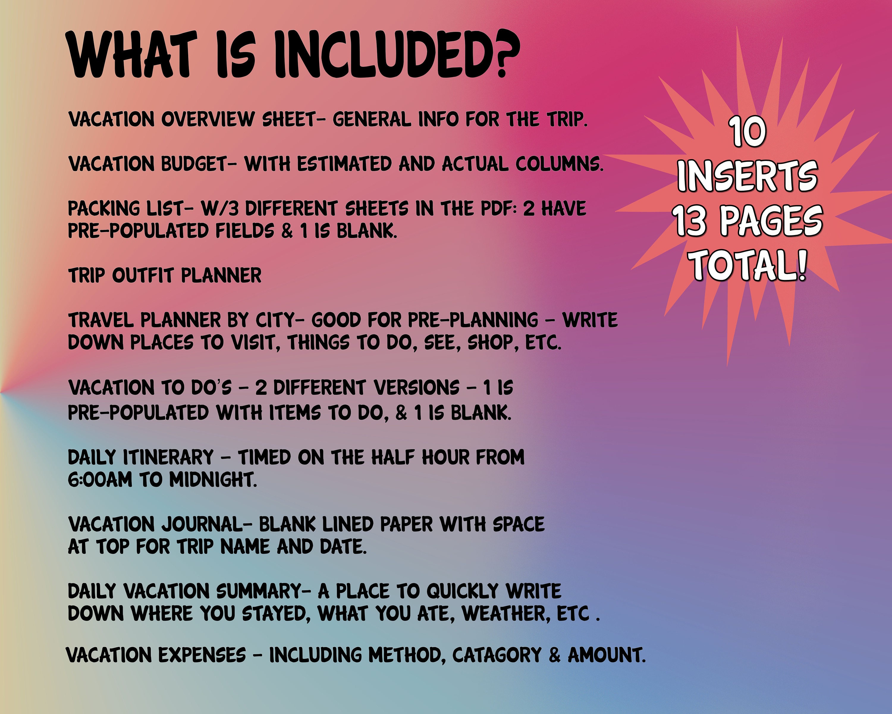 Vacation Travel Bundle Planner Inserts 10 Pages Fun Colors - Etsy