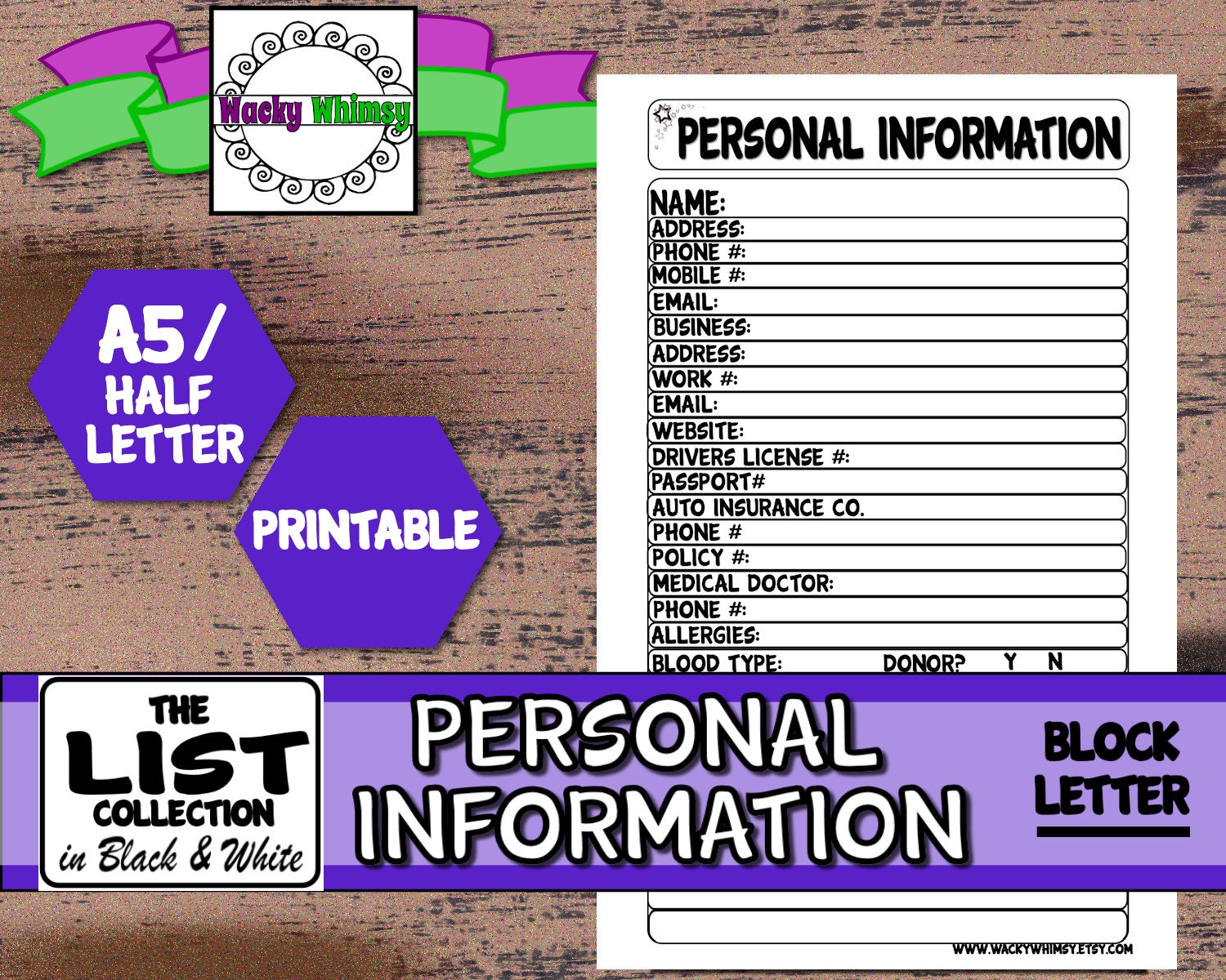 Personal Information List Planner Insert | Black & White Print ...