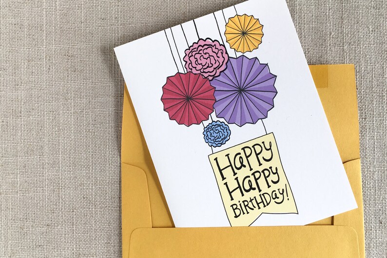 Illustrated Paper Fans Birthday Card, Hand Lettered Bday Wishes - Etsy