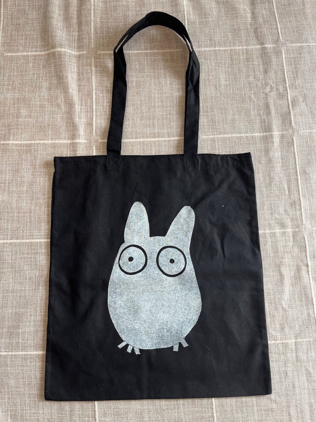 Made to Order White Little Totoro Block Print Black Tote Bag - Etsy