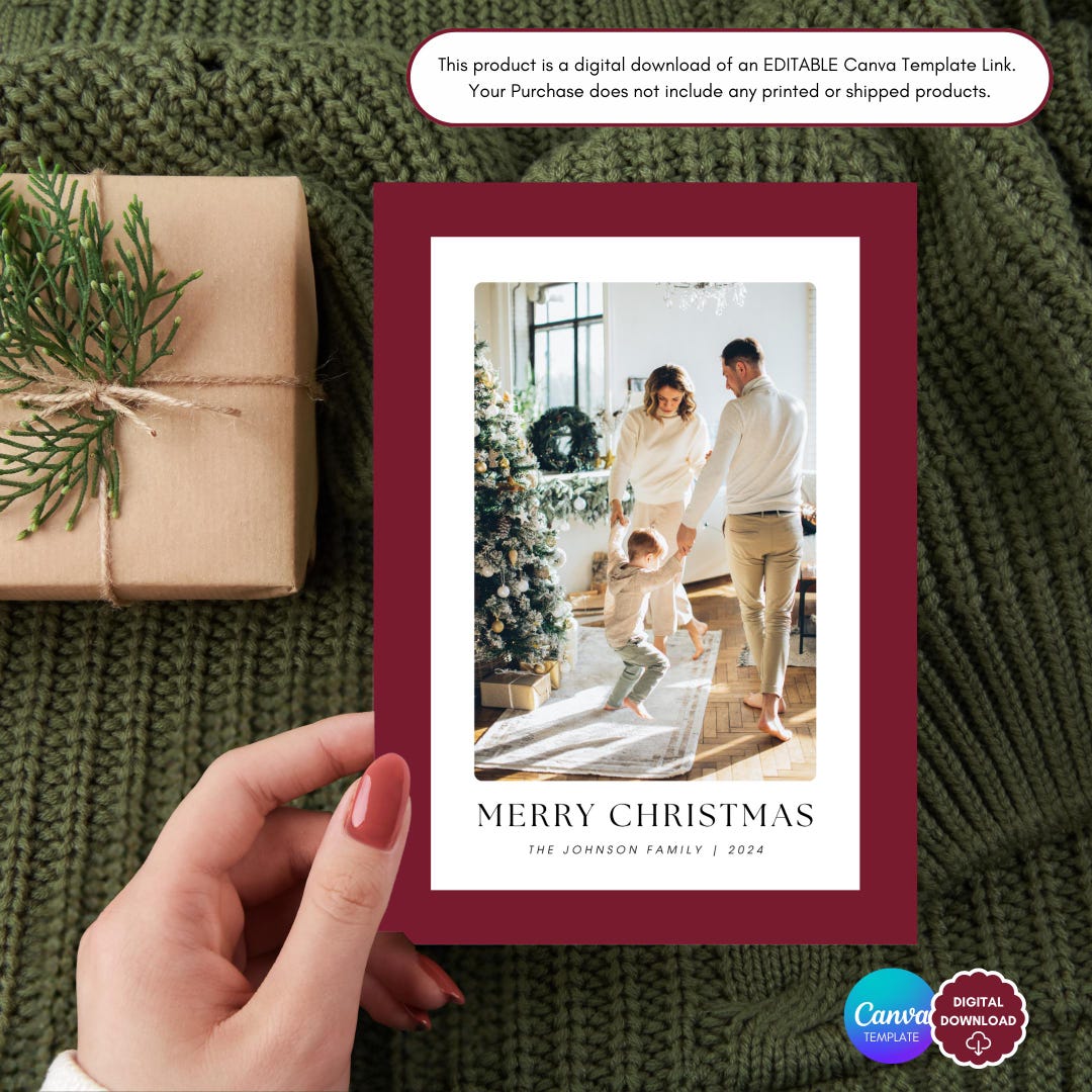 EDITABLE Photo Christmas Card Template - Elegant Garnet Red, Jewel Tone ...