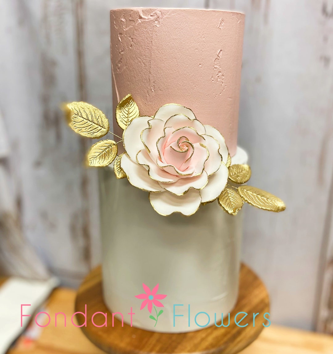 Blush Pink Rose Wedding Cake Topper - Gumpaste Flower With Gold Leaf - Etsy