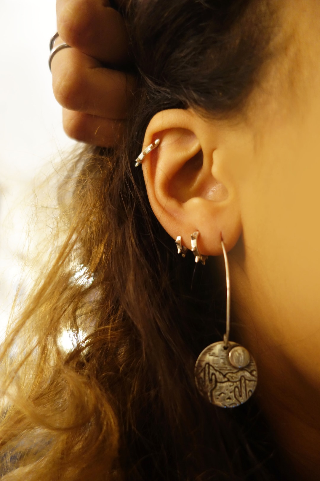 Mono Double Stud Fake Piercing Ring Earring in Sterling Silver - Etsy