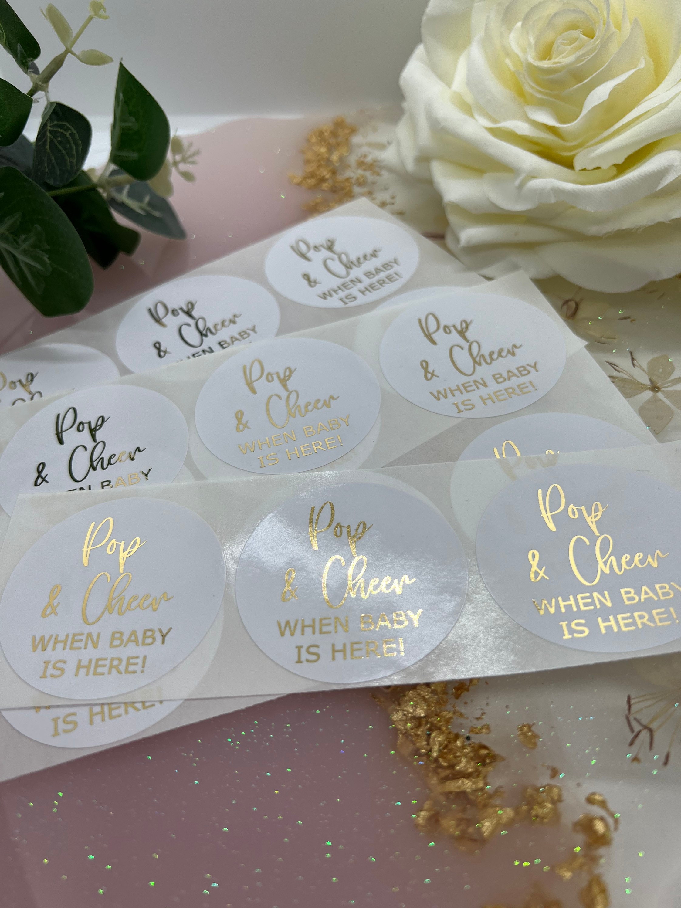 Pop and Cheer When Baby is Here Baby Shower Foiled Stickers. Party Bag ...