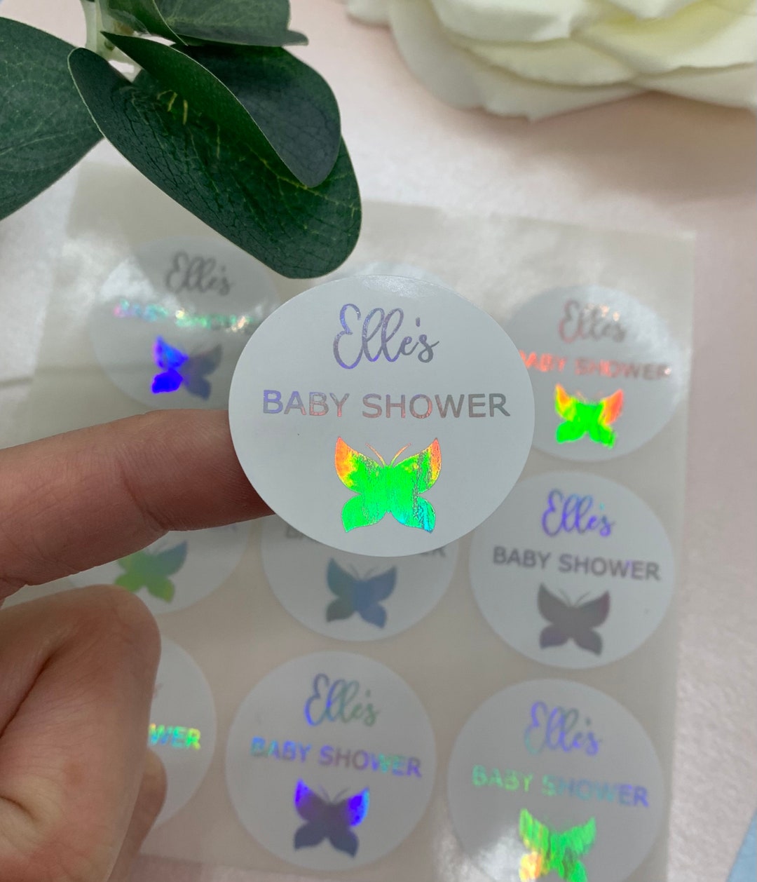 Personalised Butterfly Baby Shower Foiled Stickers. Party Bag Stickers ...