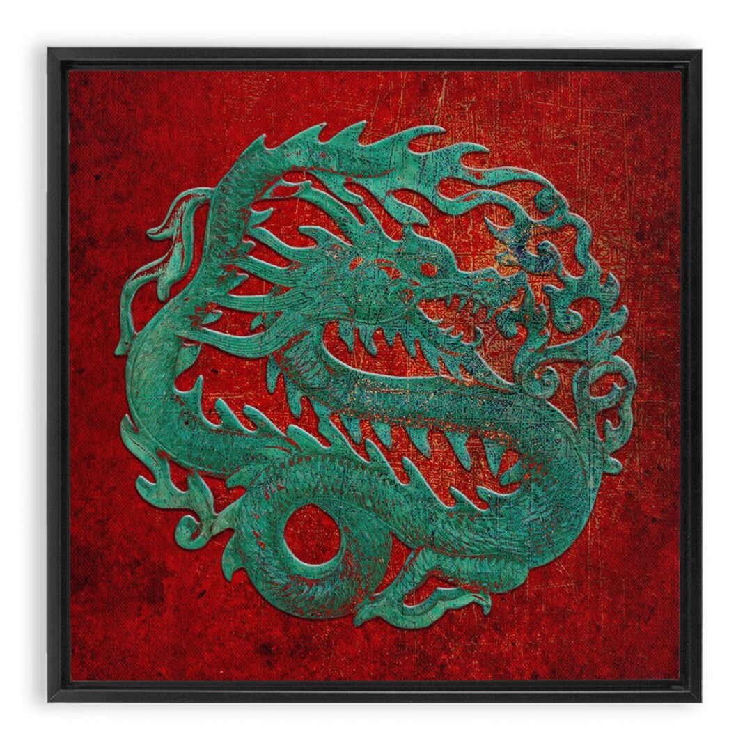 Dragon Themed Wall Art, Jade Green Dragon on Red Background Floating ...