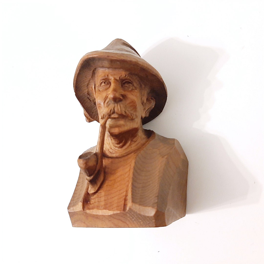Alpine Man Smoking Pipe Wooden Bust Carving Hand Carved Figure/figurine ...