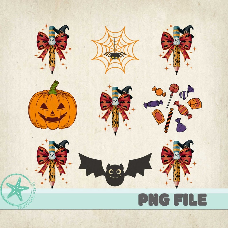 Halloween Clipart Bundle PNG, Spooky Pencil Bow PNG, Jack O'lantern PNG ...