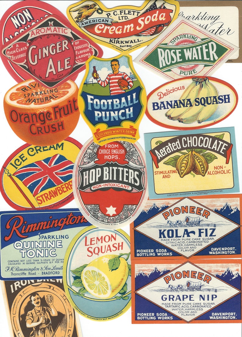 16 Vintage SODA POP Labels - Litho Great Graphics, Unused Stock 1930's ...