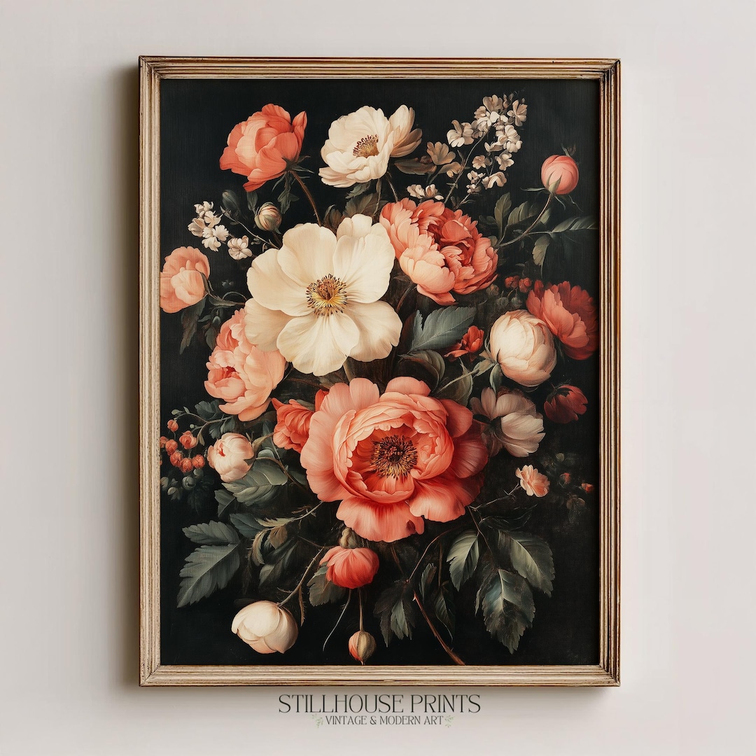 Vintage Peonies and Garden Roses Print - Romantic Moody Floral Art ...