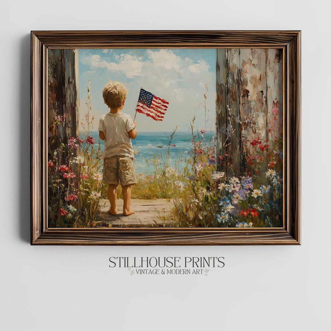 Americana Printable Wall Art, Young Boy With American Flag by Sea ...