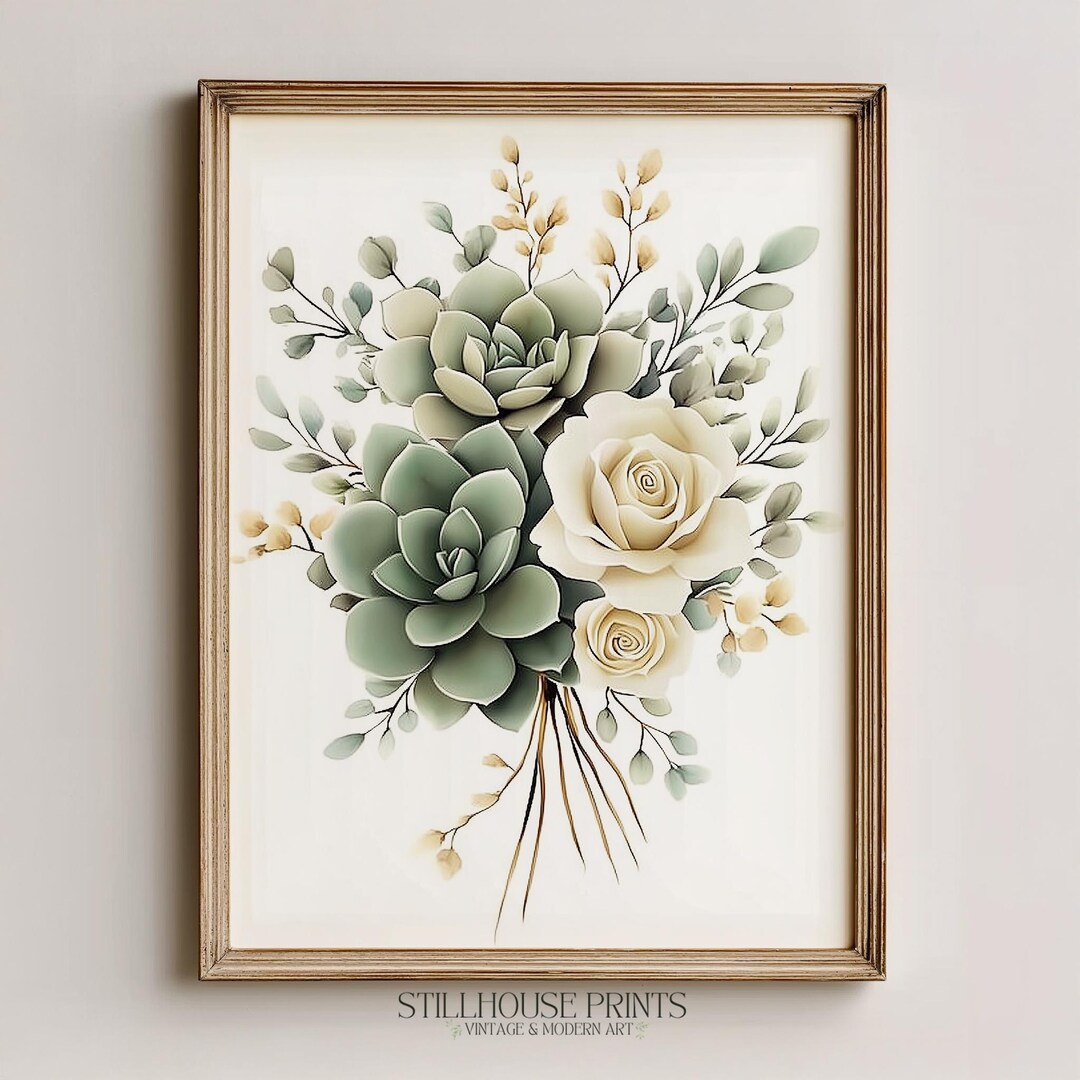 Printable Succulent and Rose Watercolor Art - Neutral Botanical Bouquet ...