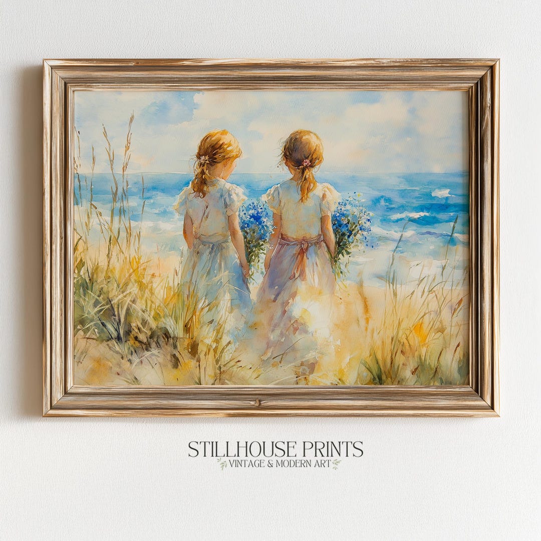 Coastal-inspired Cottagecore Printable Art - Serene Watercolor of Girls ...
