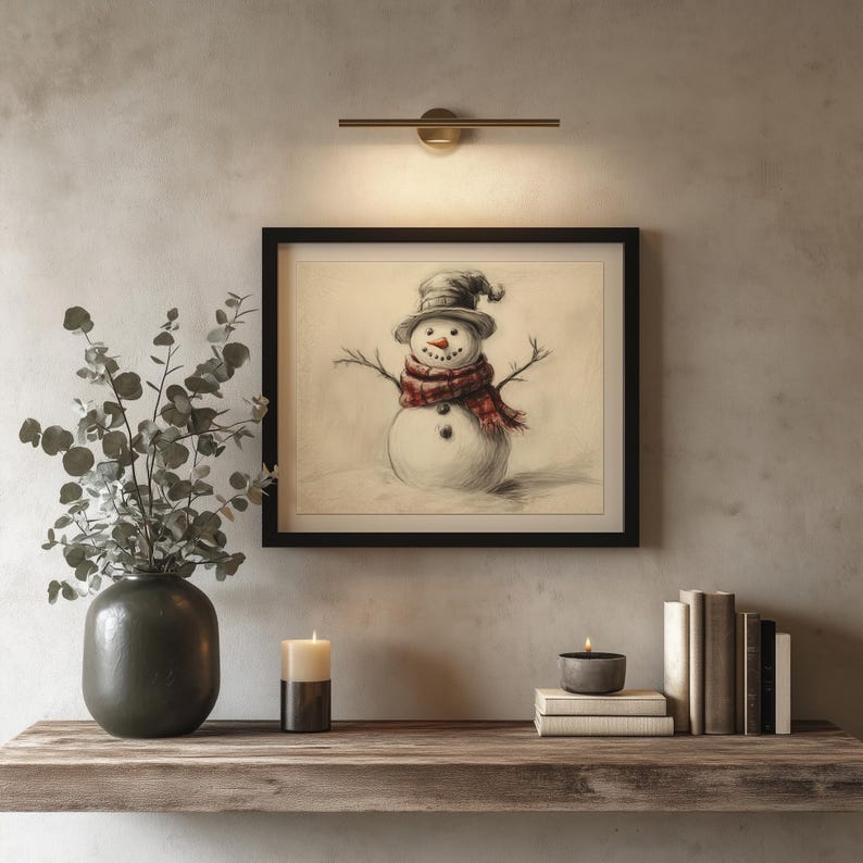 Festive Old-fashioned Snowman Print - Rustic Holiday Decor, Vintage ...