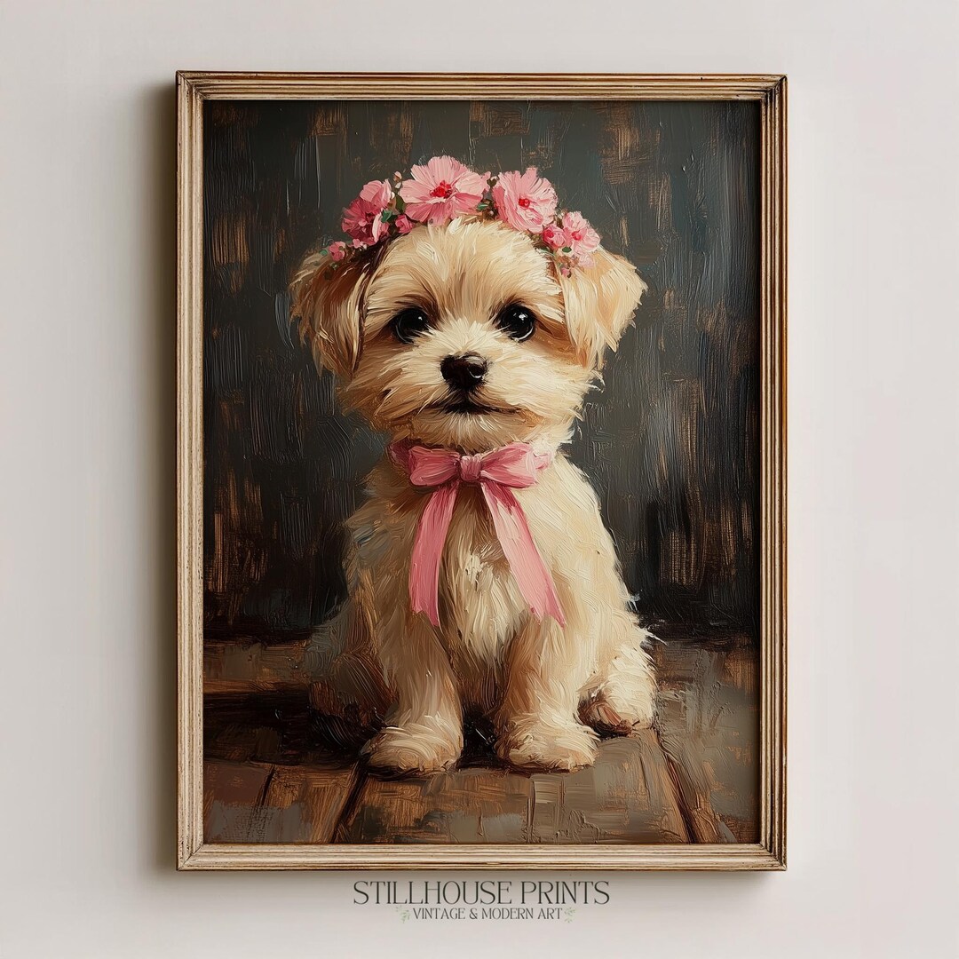Valentine's Day Printable Puppy Art - Cute Cottagecore Cream Puppy With ...