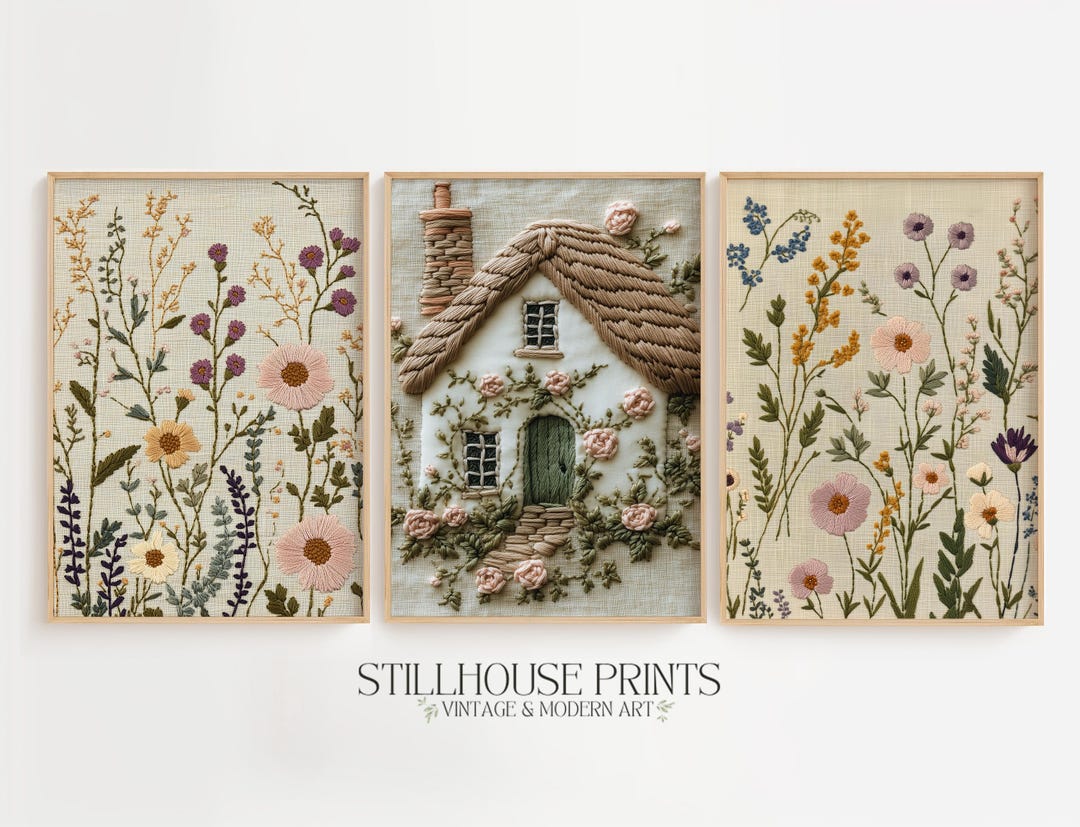 Vintage Cottagecore Embroidery Wall Art Set of 3, Floral Print Bundle, Botanical Decor ...