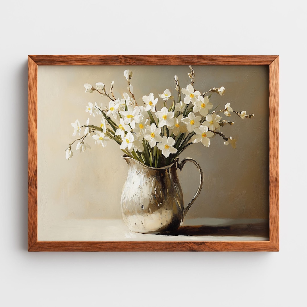 Vintage Paperwhite Narcissus Sketch Art, Antique Oil Painting ...