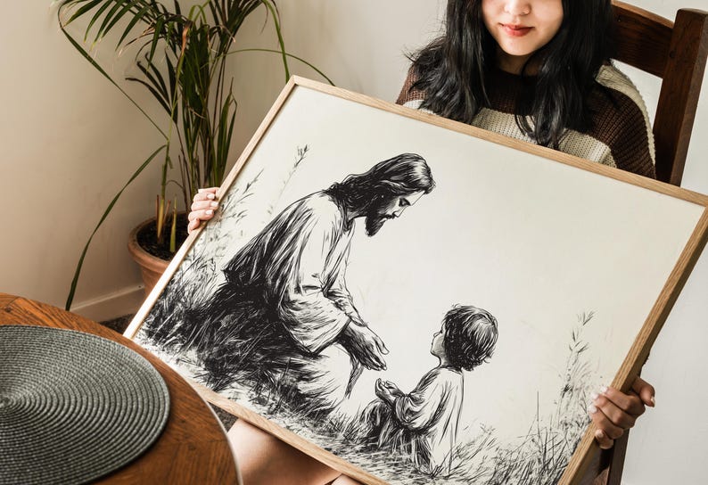 Printable Vintage Jesus Blessing Child Sketch - Serene Religious Art ...