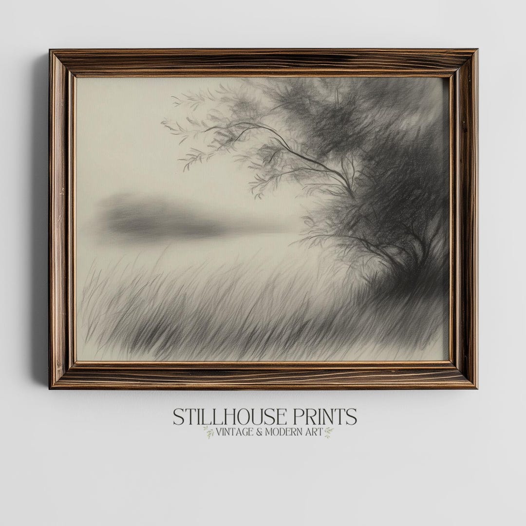 Moody Lakeshore Landscape Printable Art - Vintage Pencil Drawing ...
