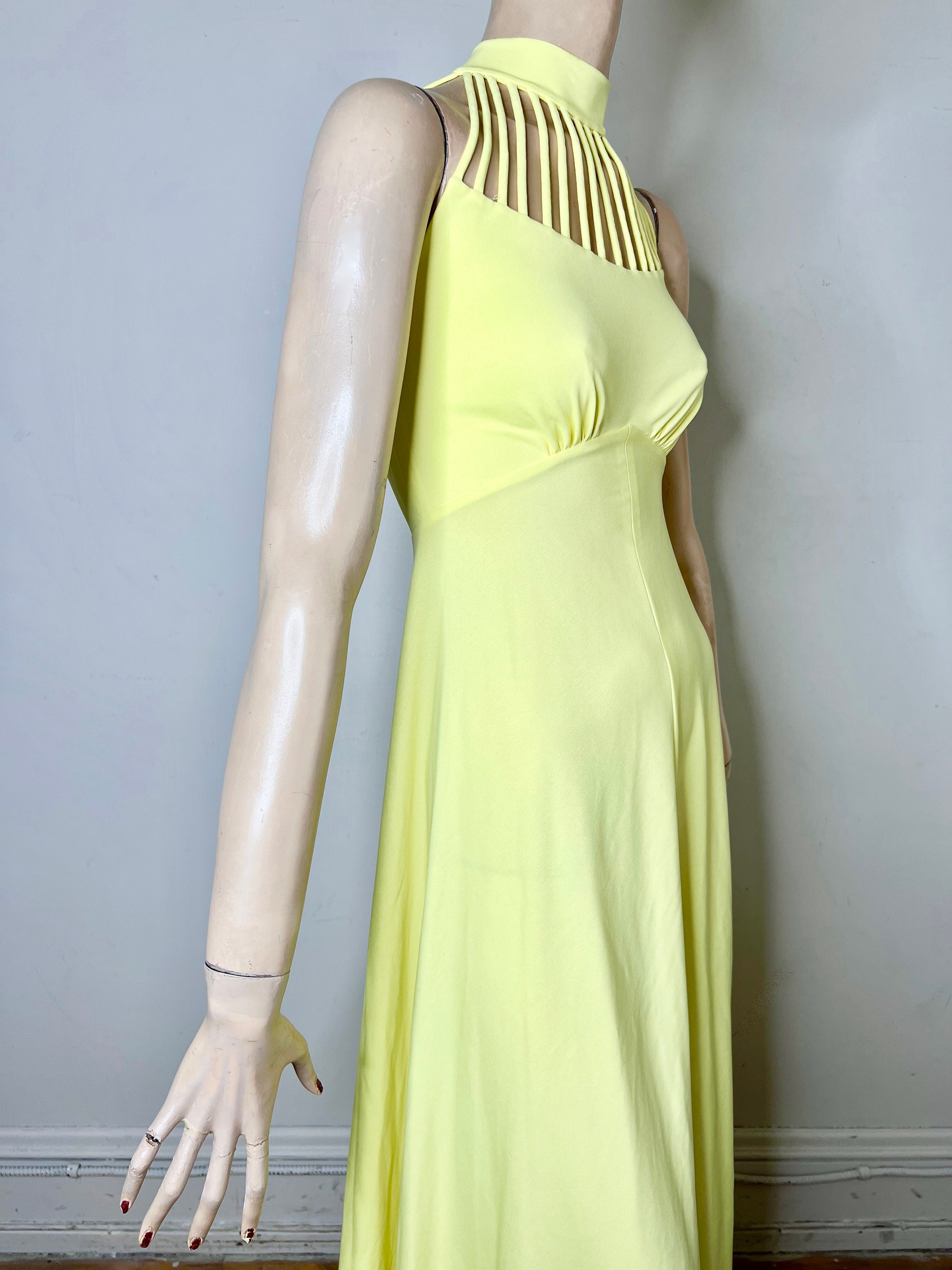 70s Dress, Cage Dress, Cage Neck Dress, Maxi Dress, Yellow Dress ...