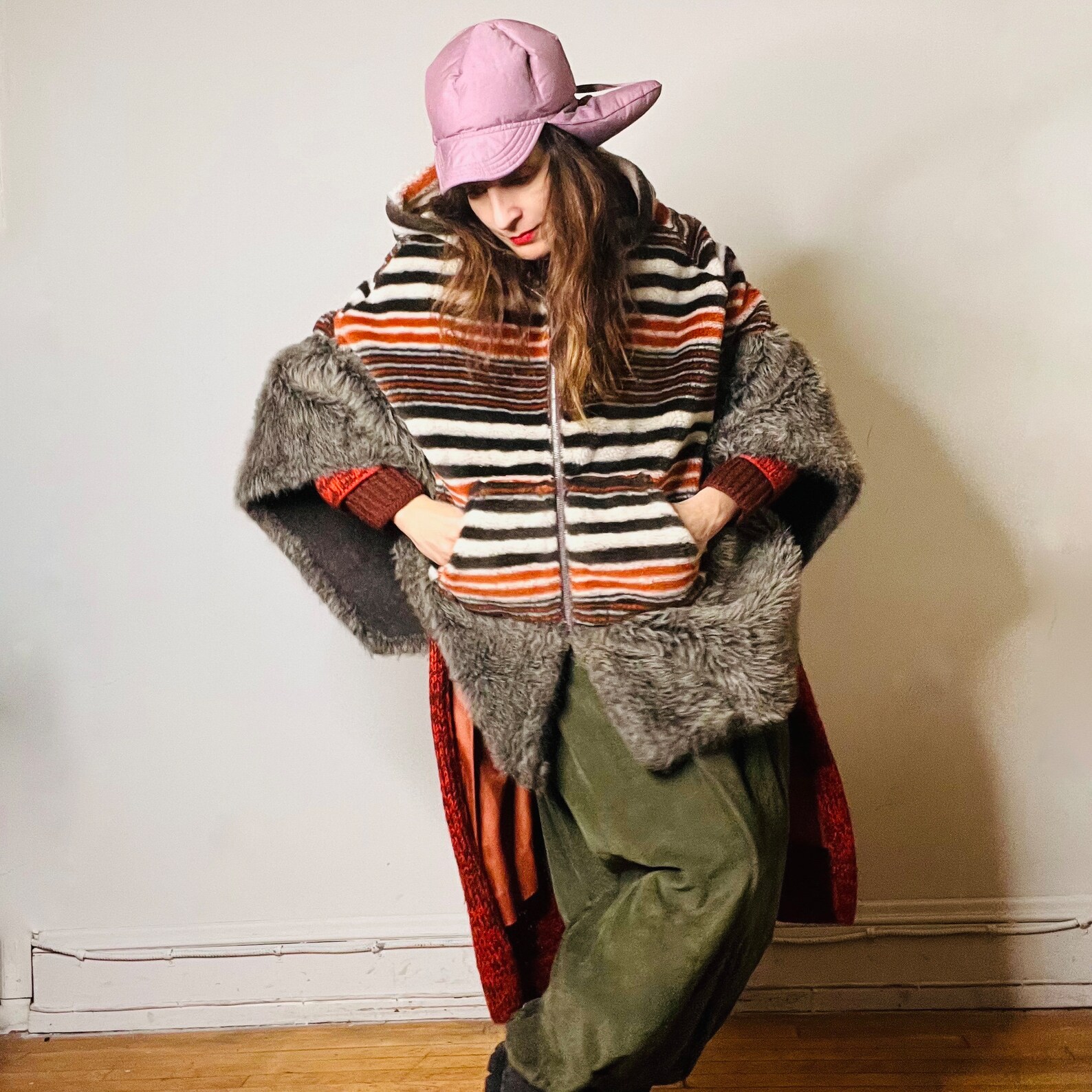 Vintage 60s Faux Fur Cape Poncho Coat Jacket, Hooded Cape Coat, Striped ...