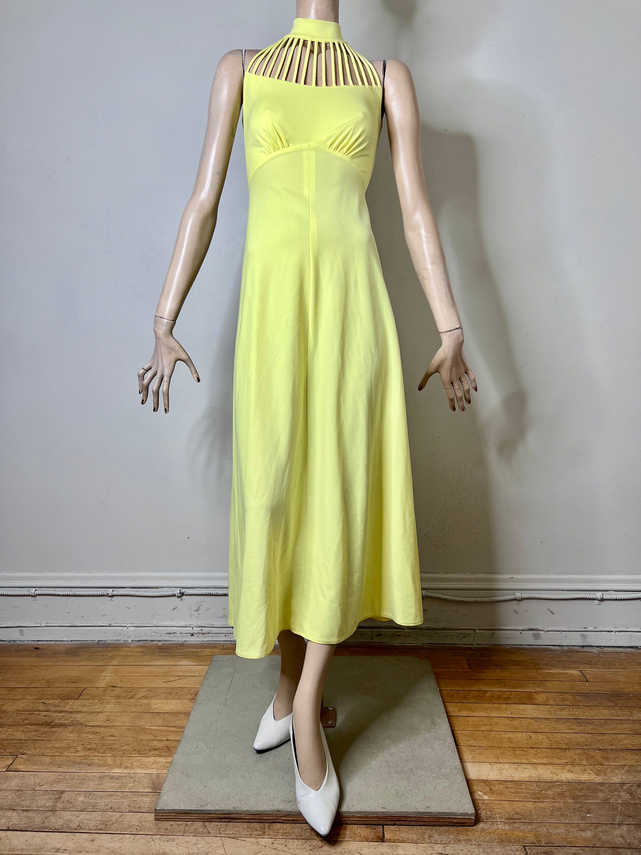 70s Dress, Cage Dress, Cage Neck Dress, Maxi Dress, Yellow Dress ...