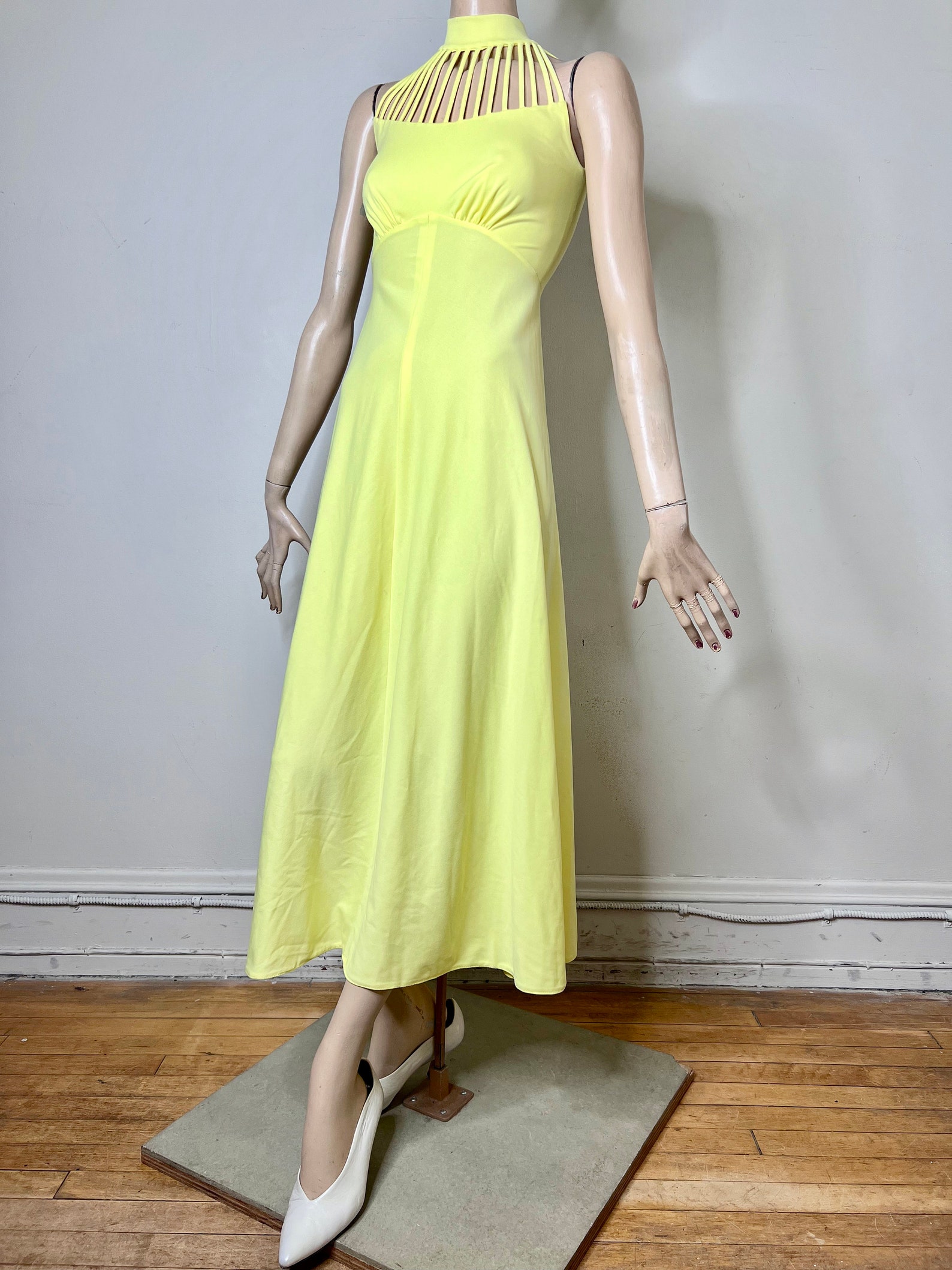 70s Dress, Cage Dress, Cage Neck Dress, Maxi Dress, Yellow Dress ...