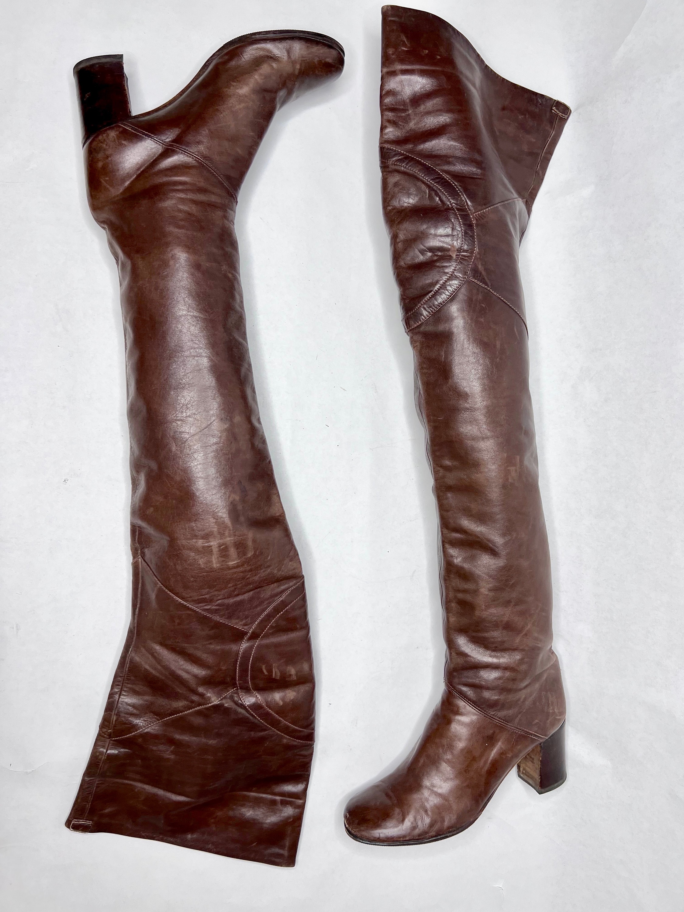 60s Boots, 70s Boots, Italy Boots, Thigh High Boots, Brown Leather ...