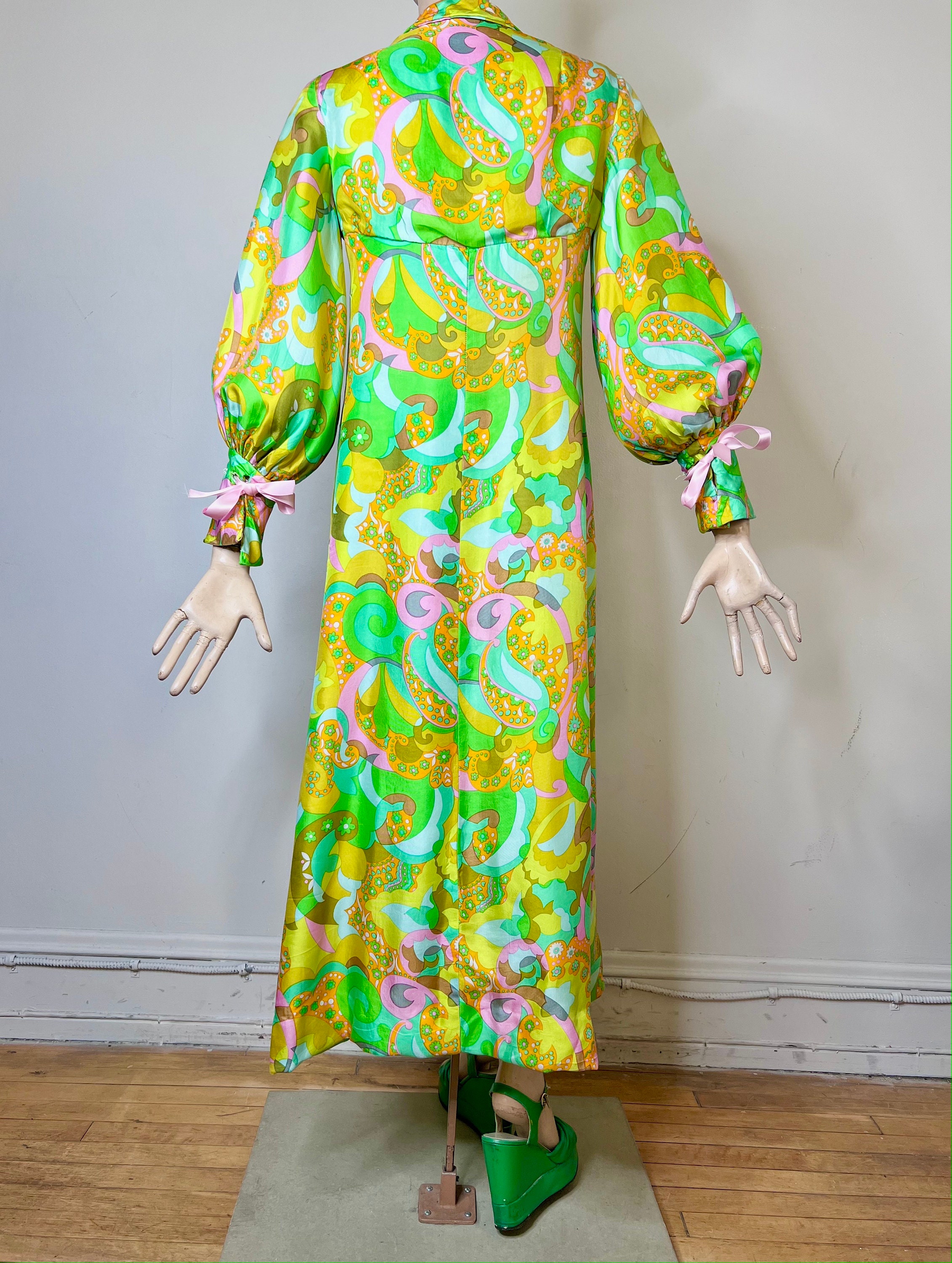 60s Dress, 60s Gown, SILK Dress, Maxi Dress, Full Sleeve Dress, Graphic ...