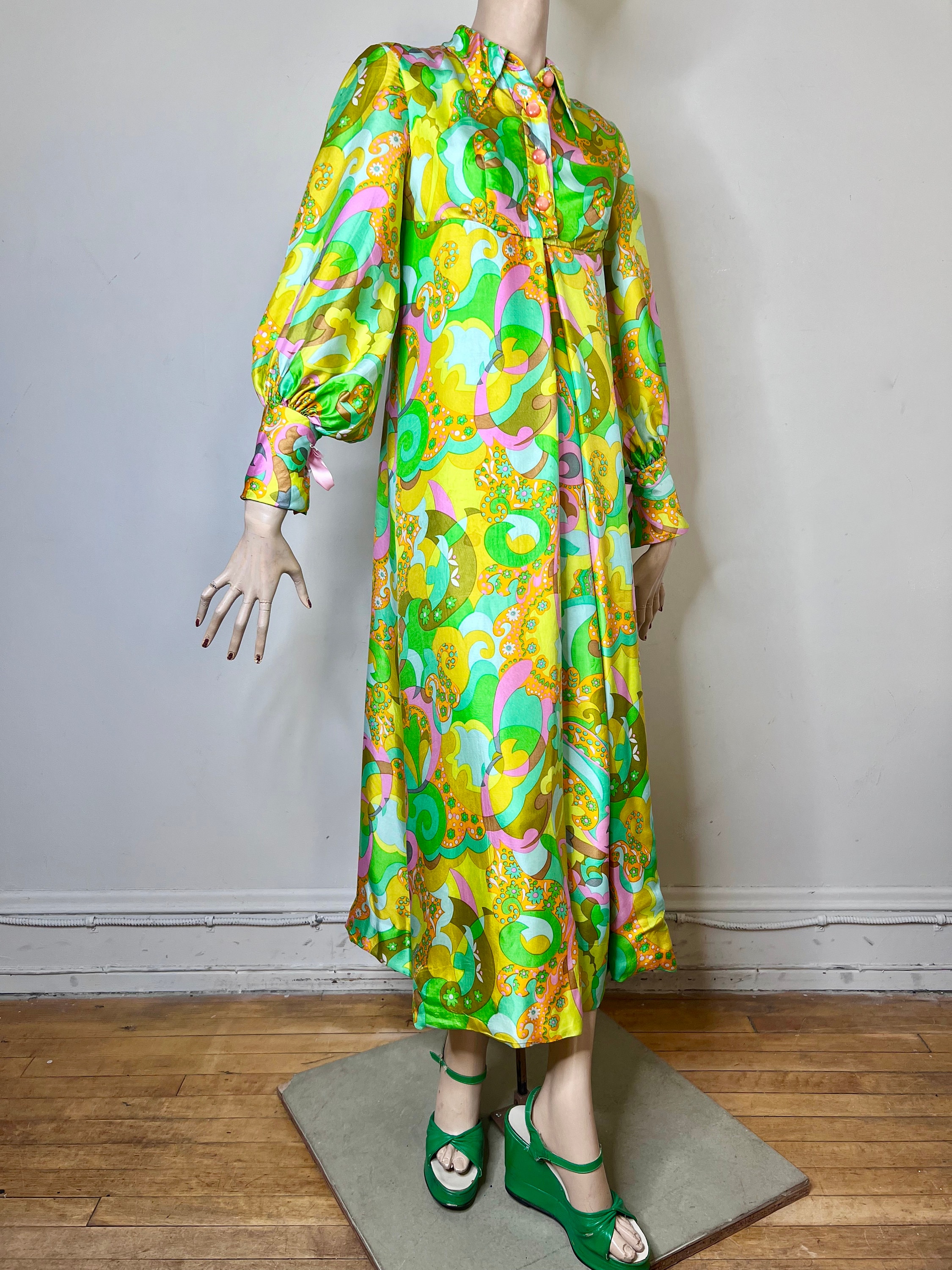 60s Dress, 60s Gown, SILK Dress, Maxi Dress, Full Sleeve Dress, Graphic ...