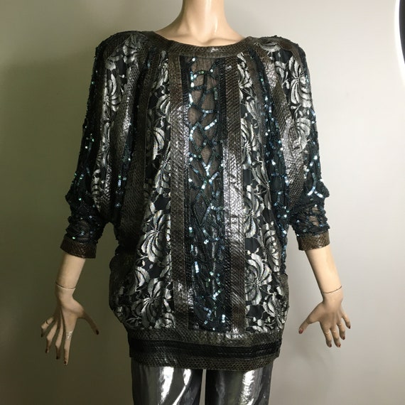 vintage top, 80s top, vintage snake skin, metallic la… - Gem