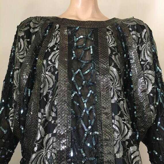 vintage top, 80s top, vintage snake skin, metallic la… - Gem