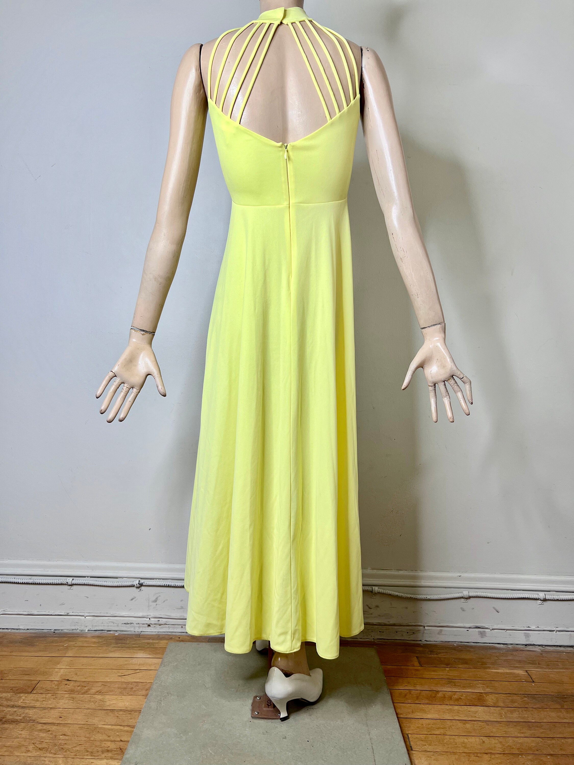 70s Dress, Cage Dress, Cage Neck Dress, Maxi Dress, Yellow Dress ...