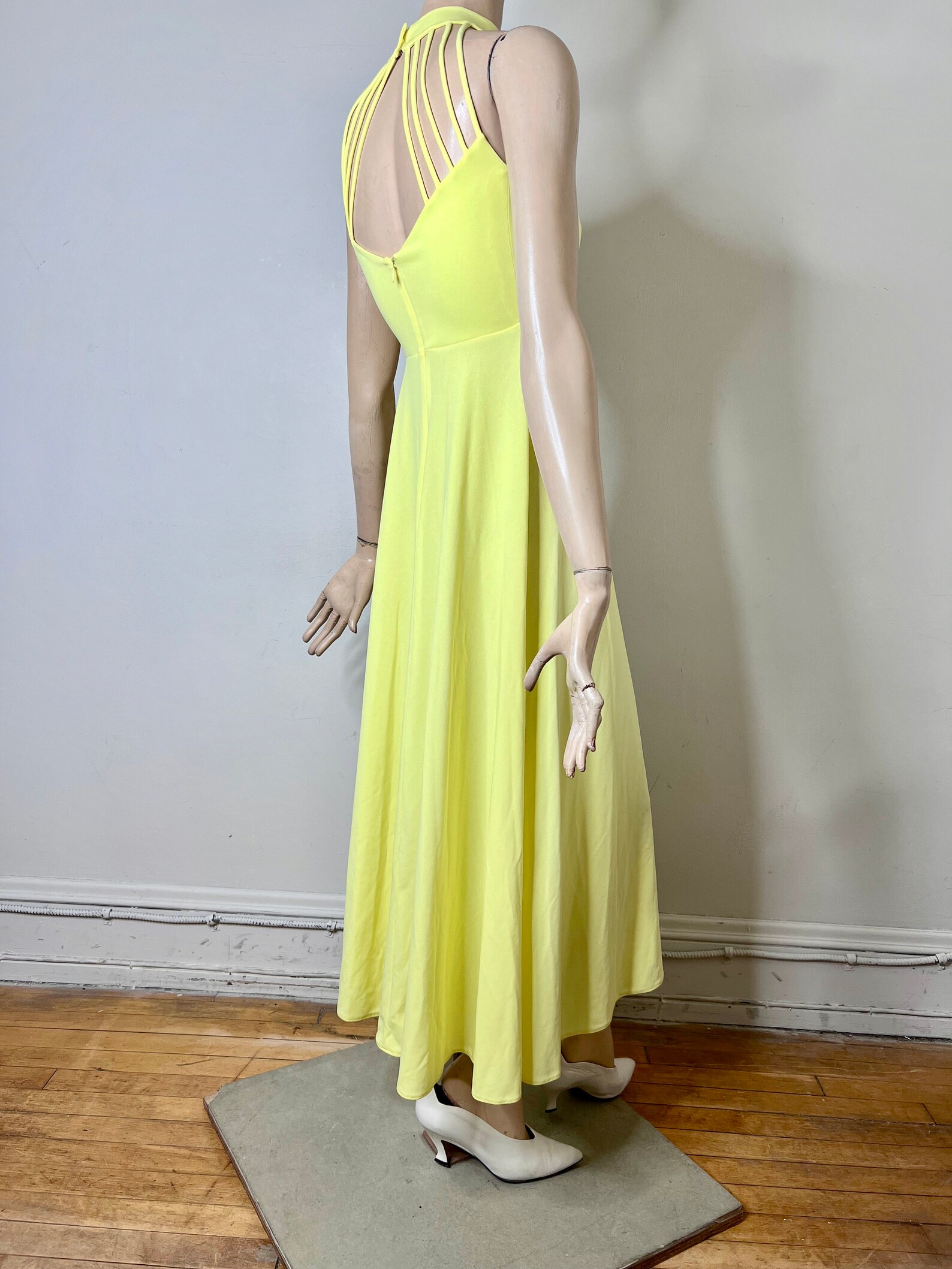 70s Dress, Cage Dress, Cage Neck Dress, Maxi Dress, Yellow Dress ...