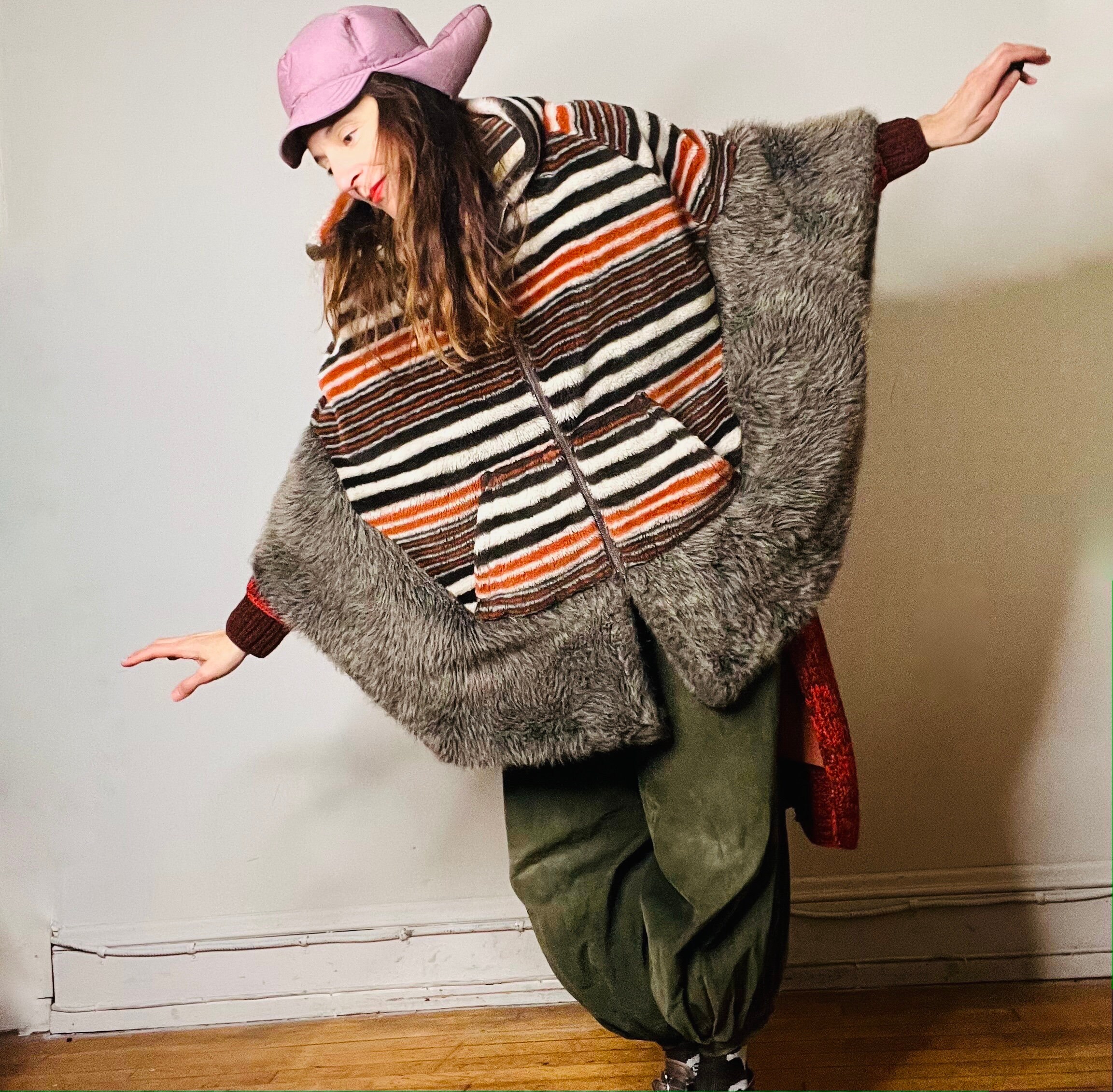 Vintage 60s Faux Fur Cape Poncho Coat Jacket, Hooded Cape Coat, Striped ...