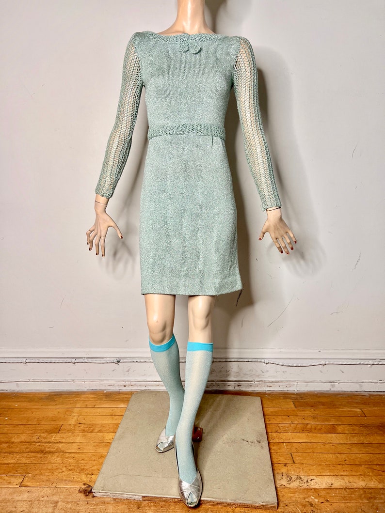 60s Dress, Knit Dress, Metallic Ice Blue Dress, Wiggle Dress, 50s Knit ...