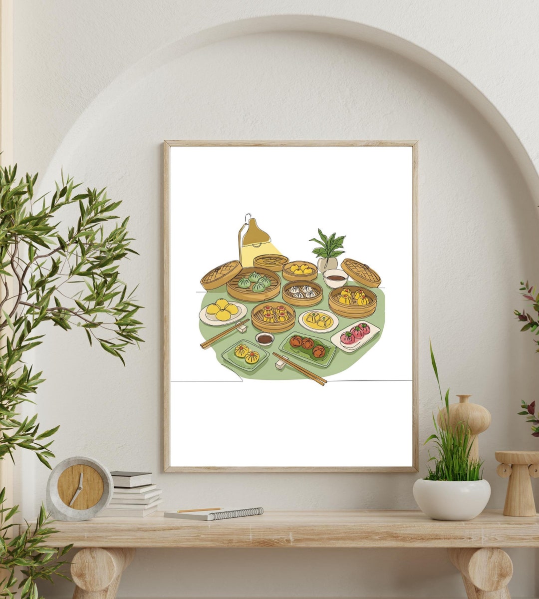 Dim Sum Table Continuous Line Drawing Vertical Poster, Black and White ...