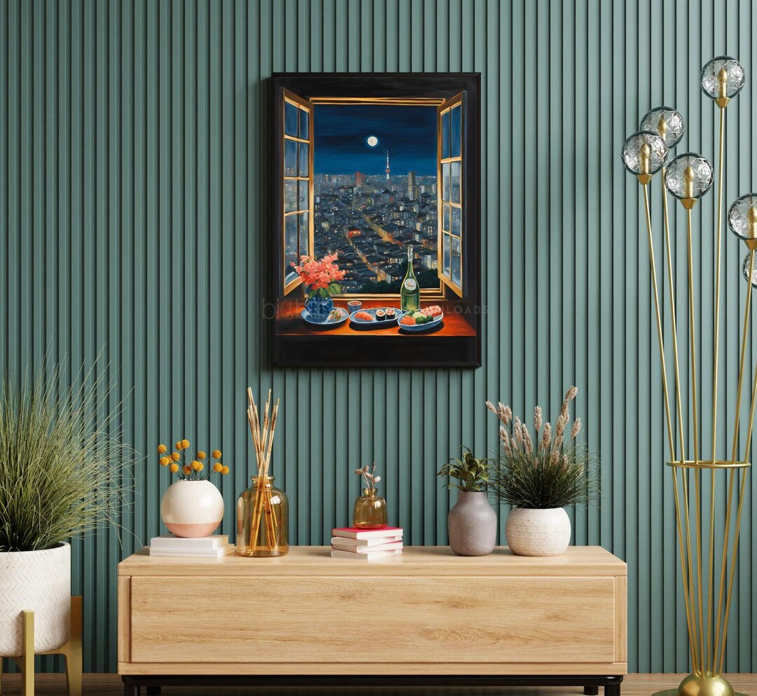 Tokyo Night Window Painting Print - Window to Japan, Sushi, Sake, Boats ...