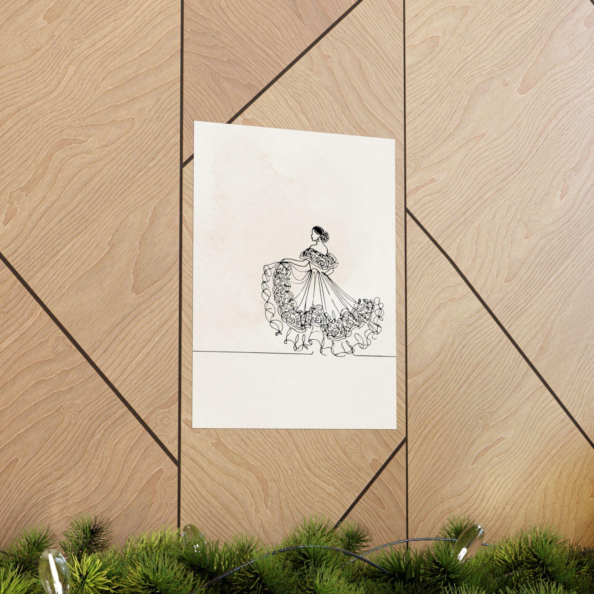 Panamanian Pollera Continuous Line Drawing Vertical Poster, Black and ...
