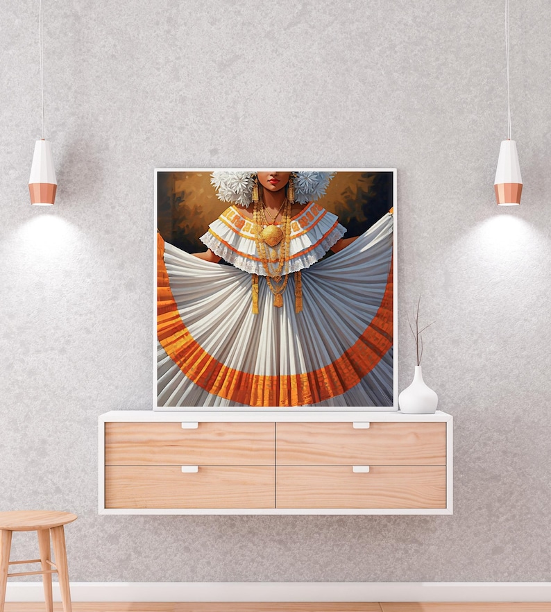 Panama Pollera Colorful Geometric Abstract Painting Print, White Dance ...