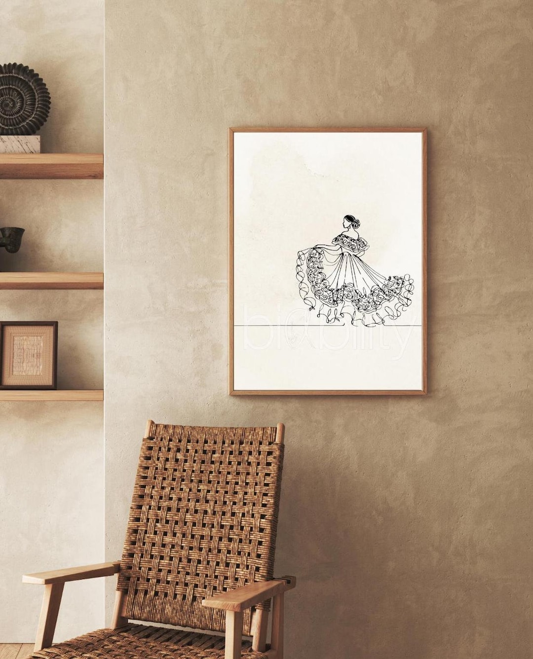 Panamanian Pollera Continuous Line Drawing Vertical Poster, Black and ...