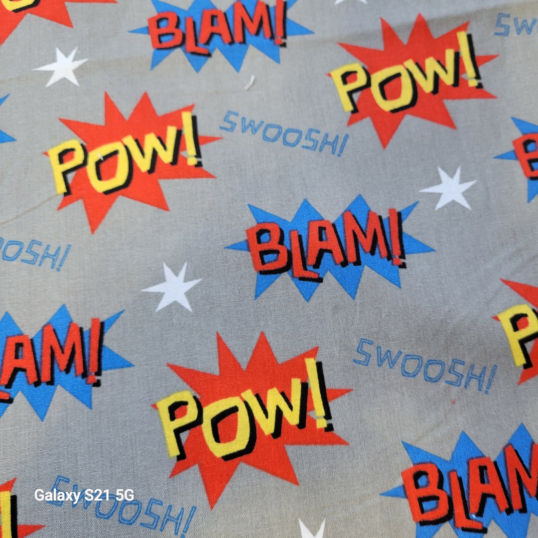 DC Batman Fabric, Comic Words on Gray Background, Superhero Pow, Blam ...
