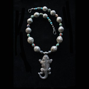 Two Sided Tibetan Chased Salamander, Vintage Silver Repousse Beads ...