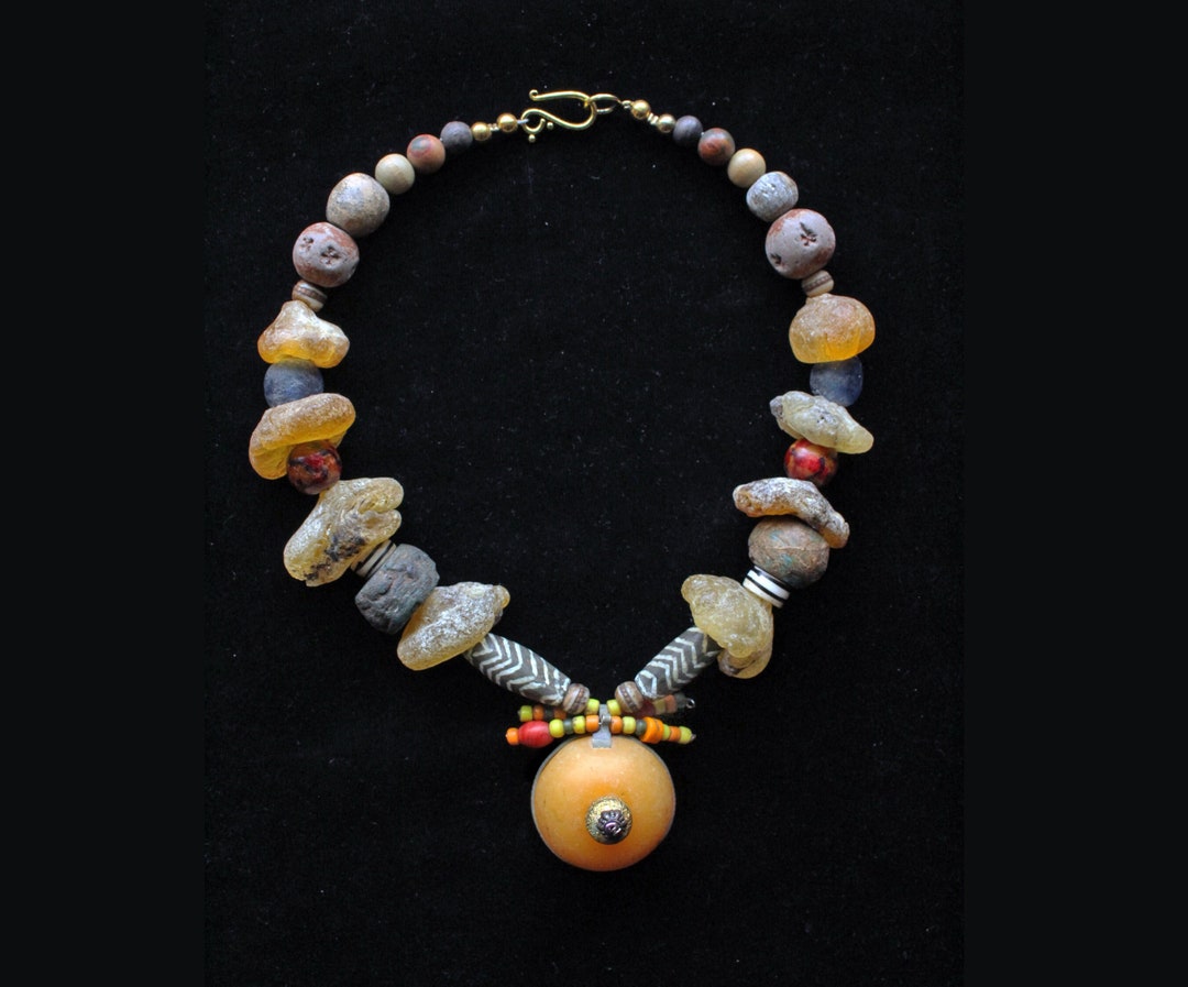 Rare Moroccan Copal Pendant W/ Metal Strip, River Resin Beads, Ancient ...