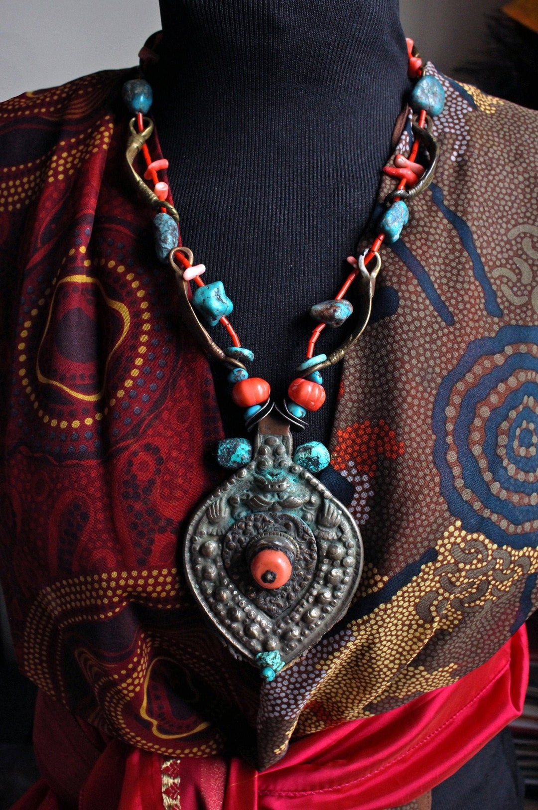 Rare Old Tibetan Silver Repoussé Belt Ornament W/coral & Turquoise: Red ...